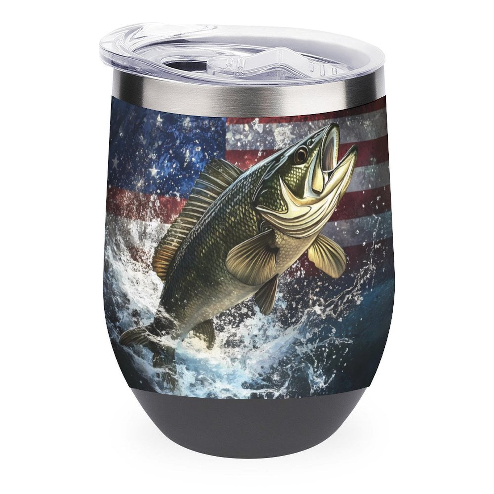 American Flag Jumping Largemouth Bass Fish 12oz Wine Tumbler with lid ...