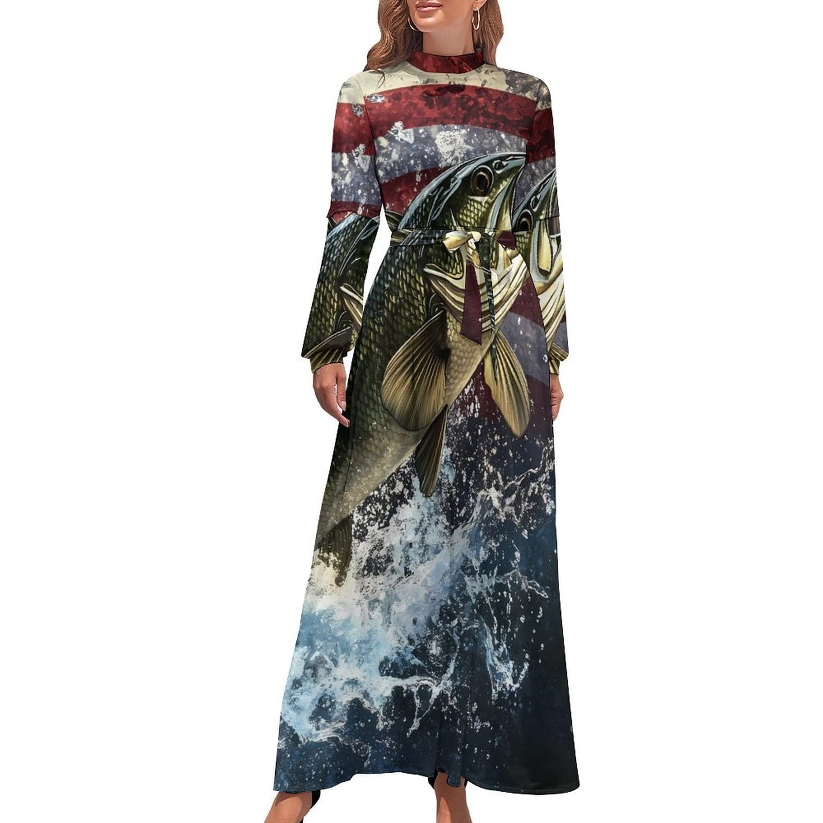 American Flag Jumping Largemouth Bass Fish Women's Fall Maxi Dress Long ...