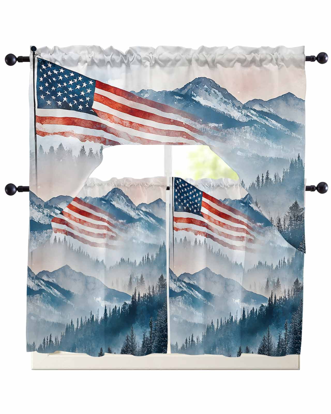 American Flag Kitchen Curtains Swag Valance and Tier Curtains Set 24 Inch Length, Forest 4th of ...