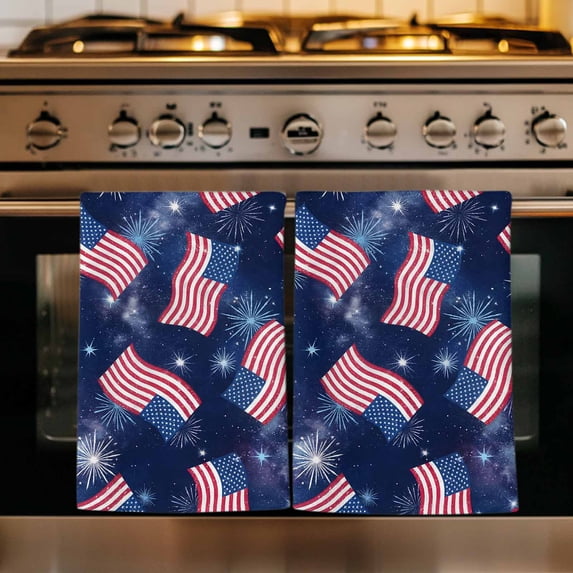 American Flag Kitchen Towels Set of 4, Red Striped Blue Star Fireworks ...