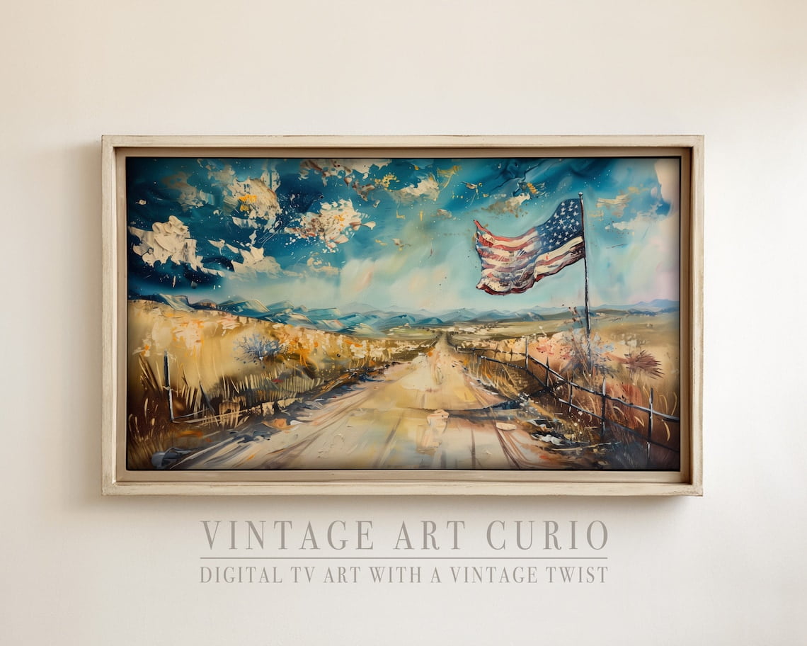 American Flag Landscape, Vintage Patriotic Scenery Home Decor #3002 ...