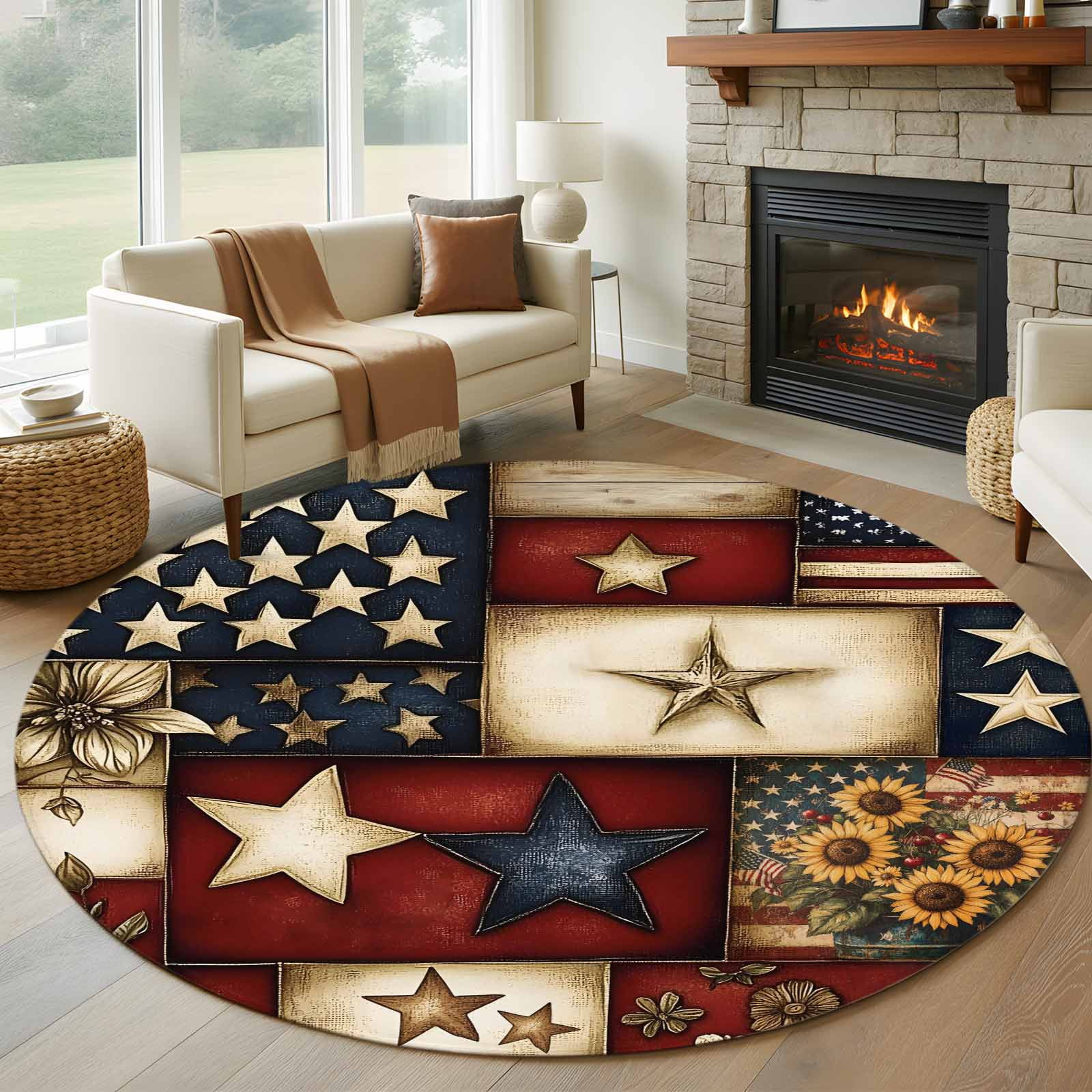 American Flag Large Round Rug 8 FT, Non Slip Living Room Area Carpet ...