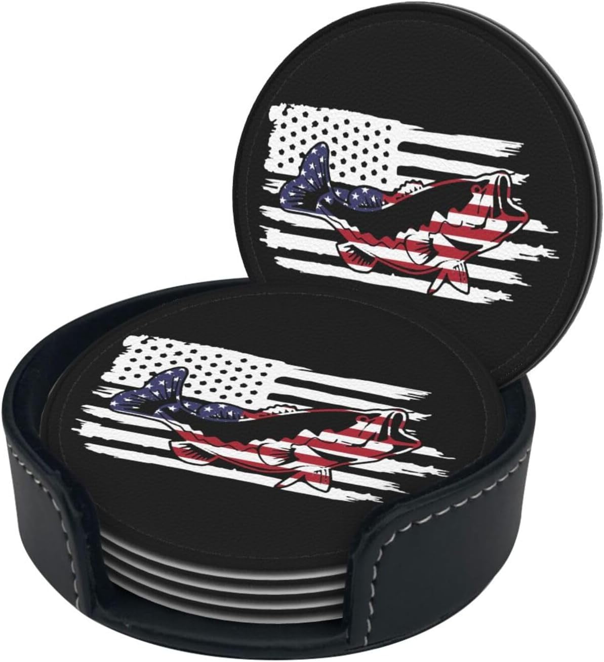 American Flag Largemouth Bass Fish Fishing Premium Leather Coasters ...