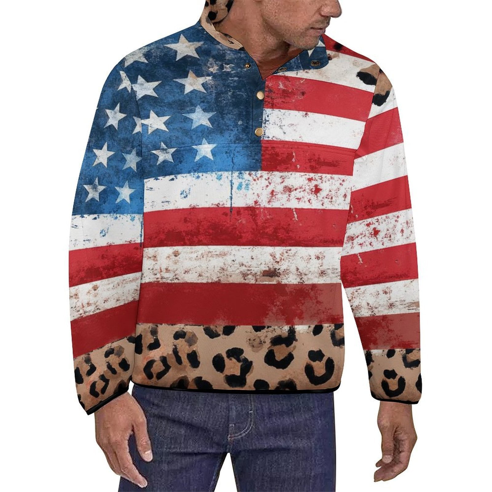 American Flag Leopard Print Men's Stand Collar Sweater Long Sleeve ...