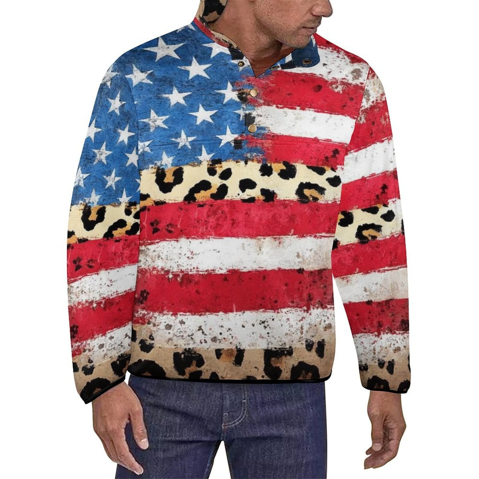American Flag Leopard Print Men's Stand Collar Sweater Long Sleeve ...