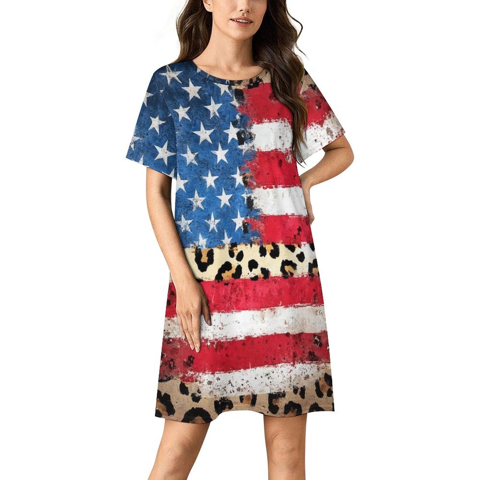 American Flag Leopard Print Women Nightgown Sleepwear Short Sleeves For ...