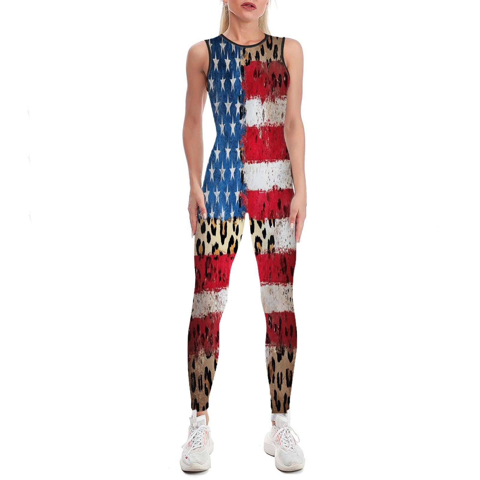American Flag Leopard Print Women's One Piece Yoga Jumpsuits Leggings ...
