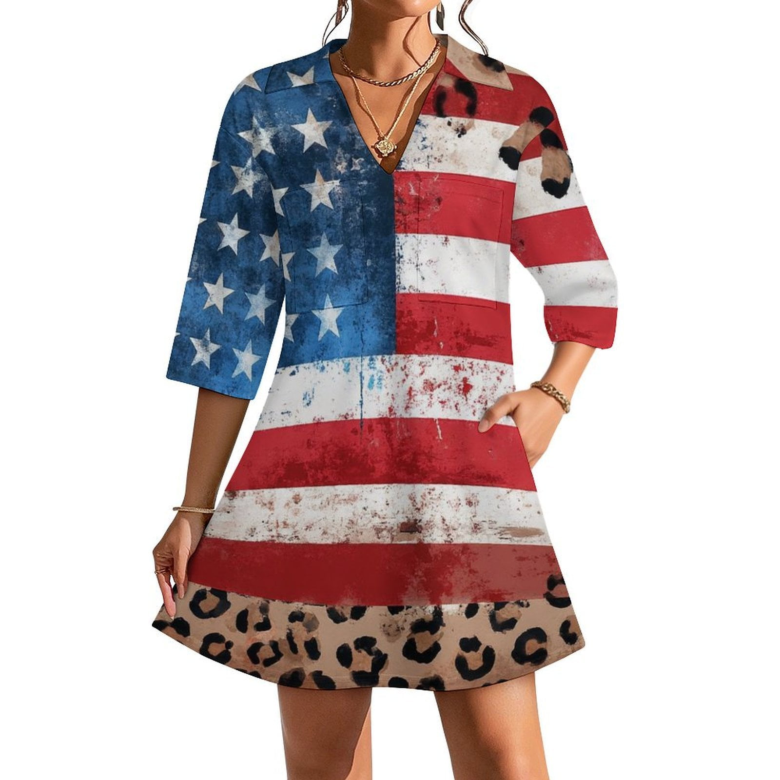 American Flag Leopard Print Womens Dress With Pockets Summer V Neck 3/4 ...