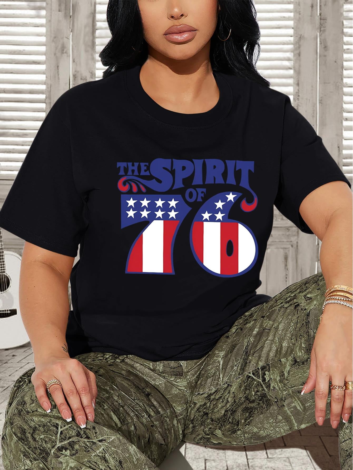 American Flag & Letter Print Casual Tee for Women - Crew Neck, Short Sleeve, Breathable ...