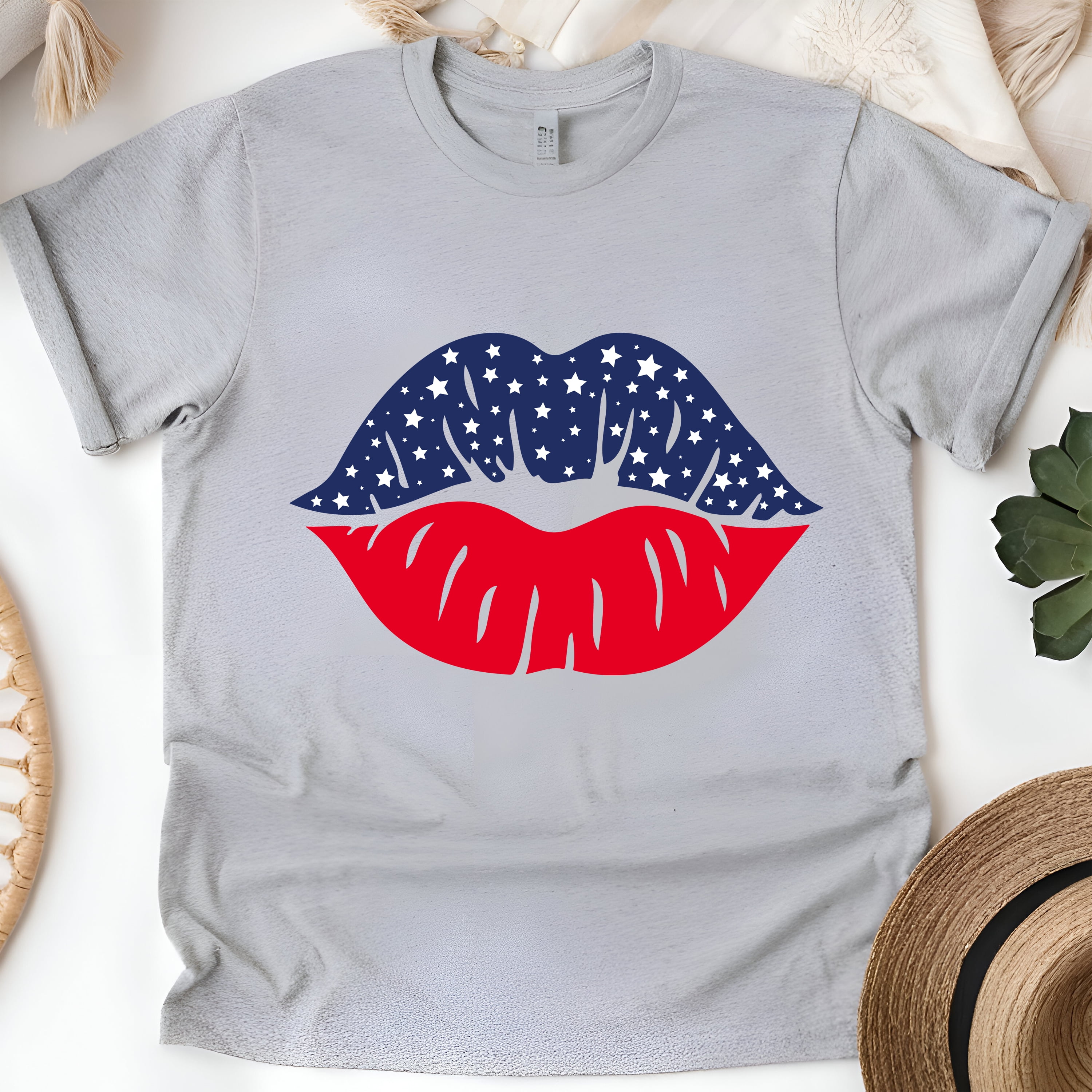 American Flag Lips T-Shirt, Patriotic Red White Blue Graphic Tee ...