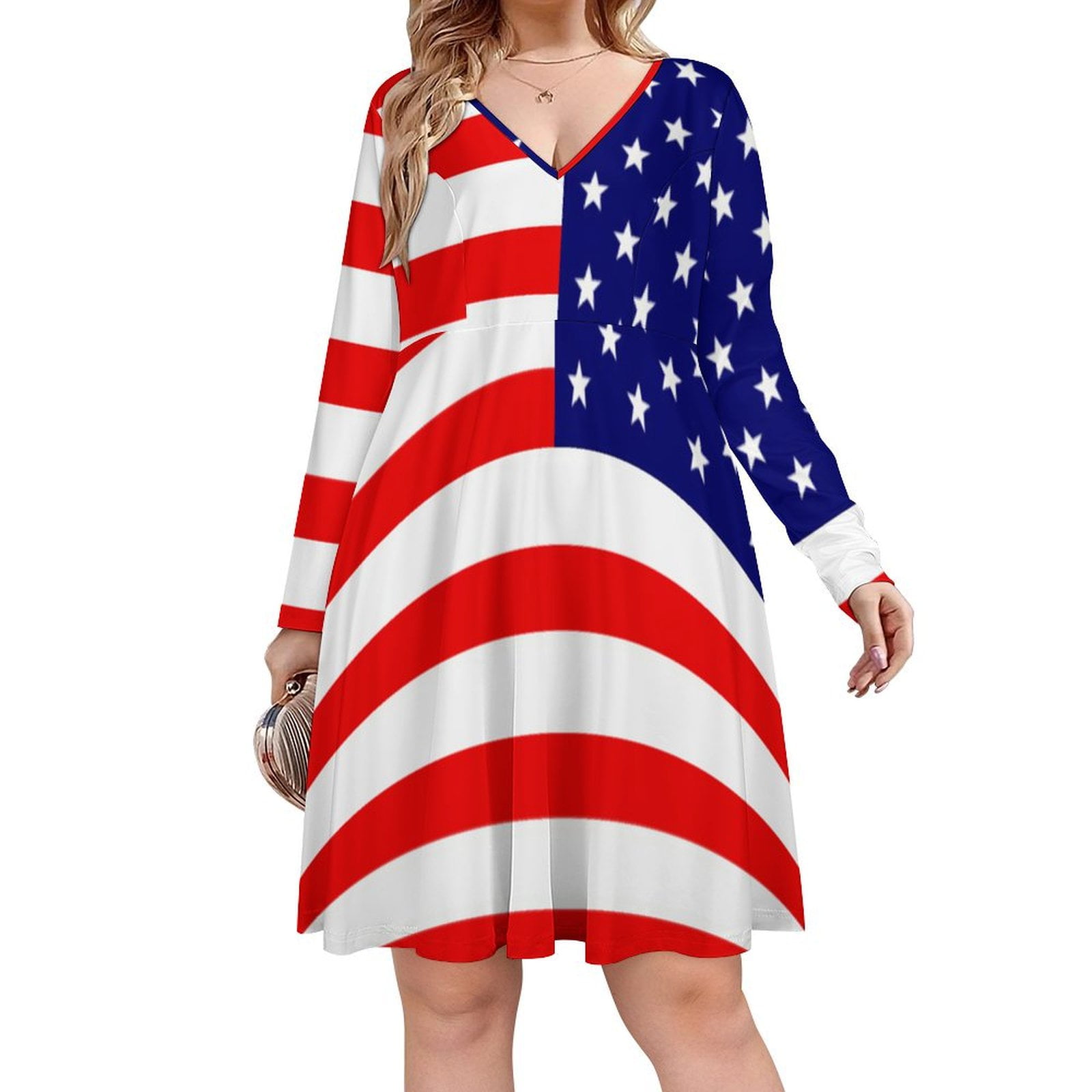 American Flag Long Sleeve Dresses For Women Vintage Elegant Party Dress Oversized V-neck Dress S ...
