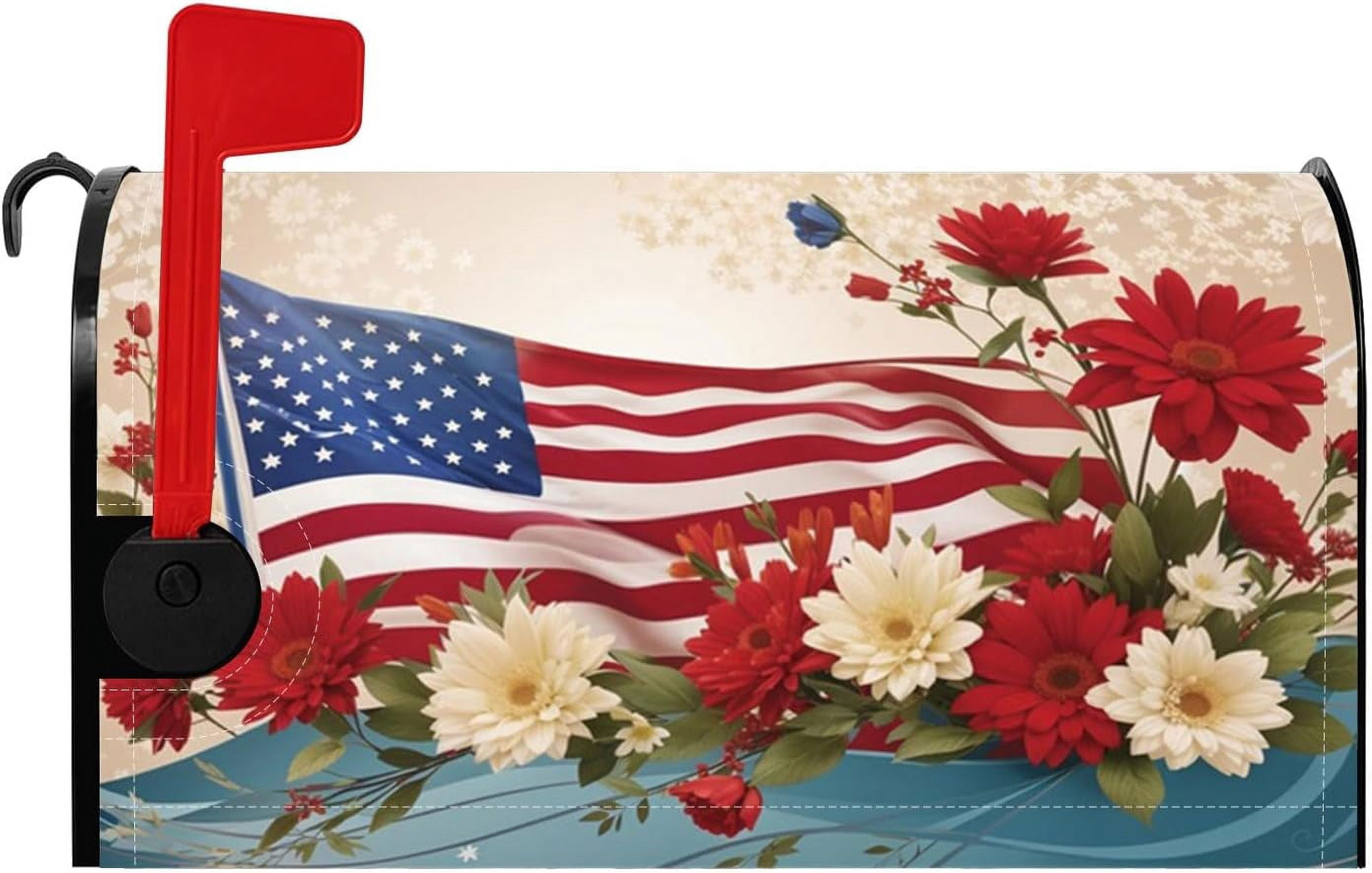 American Flag Mailbox Cover USA National Flag Red White Blue Flower ...