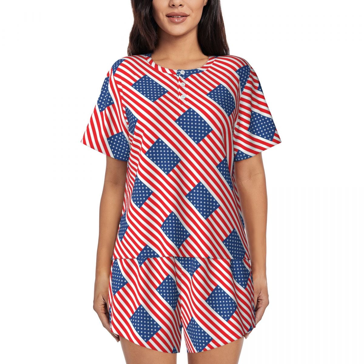 American Flag Map Pajamas Hearts Checkered Casual O Neck Home Suit ...