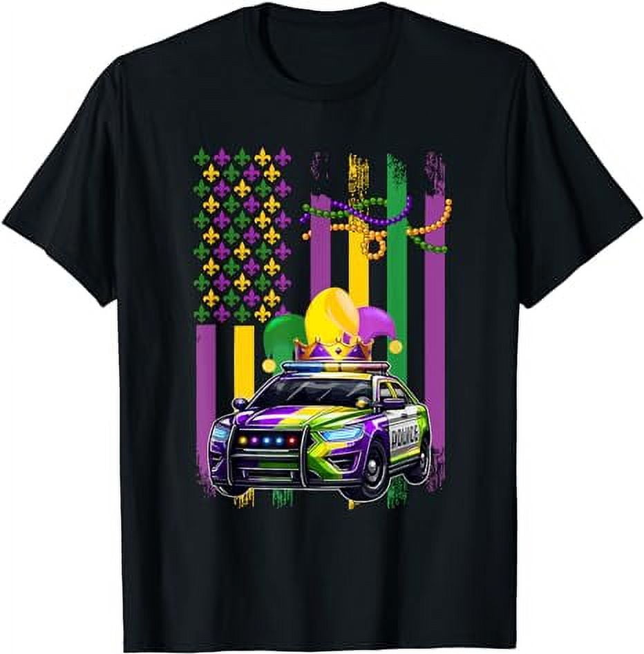 American Flag Mardi Gras Police Car Wearing Jester Hat Beads T-Shirt ...