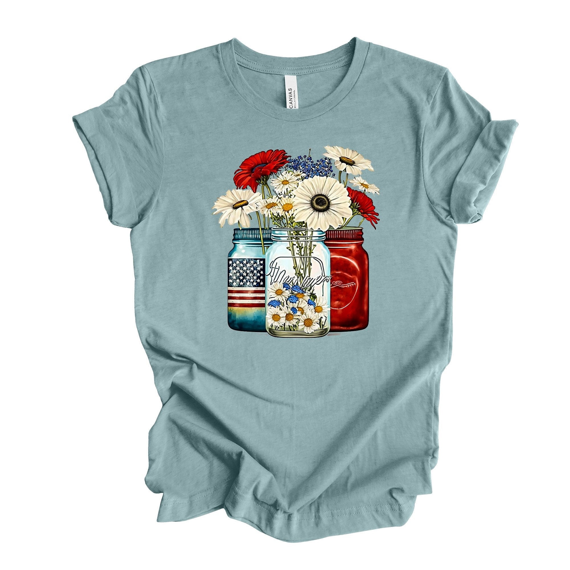 American Flag Mason Jar Daisies Tee - Patriotic Bella Canvas Shirt ...