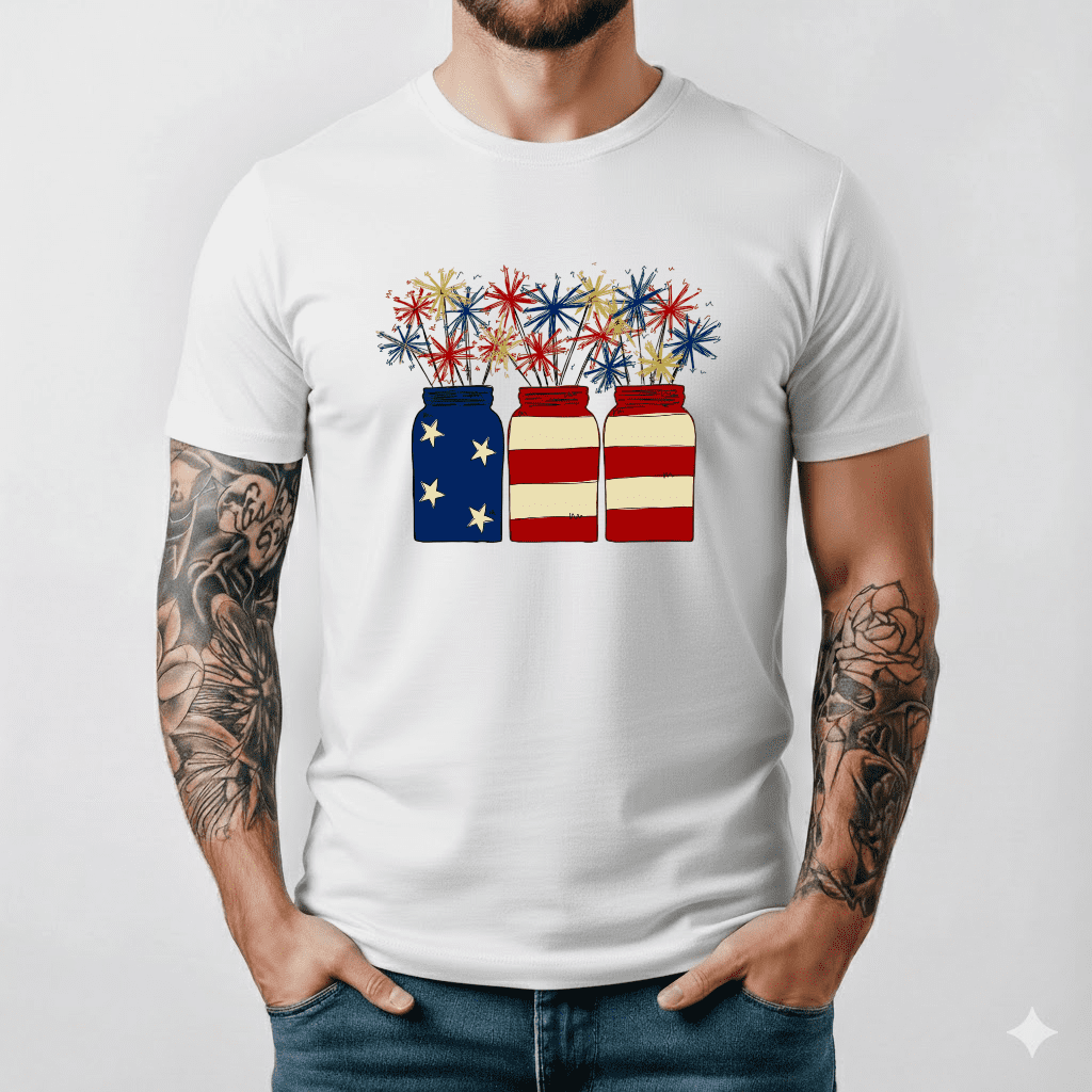 American Flag Mason Jars Tee Patriotic Sparklers Shirt Graphic Top,for ...