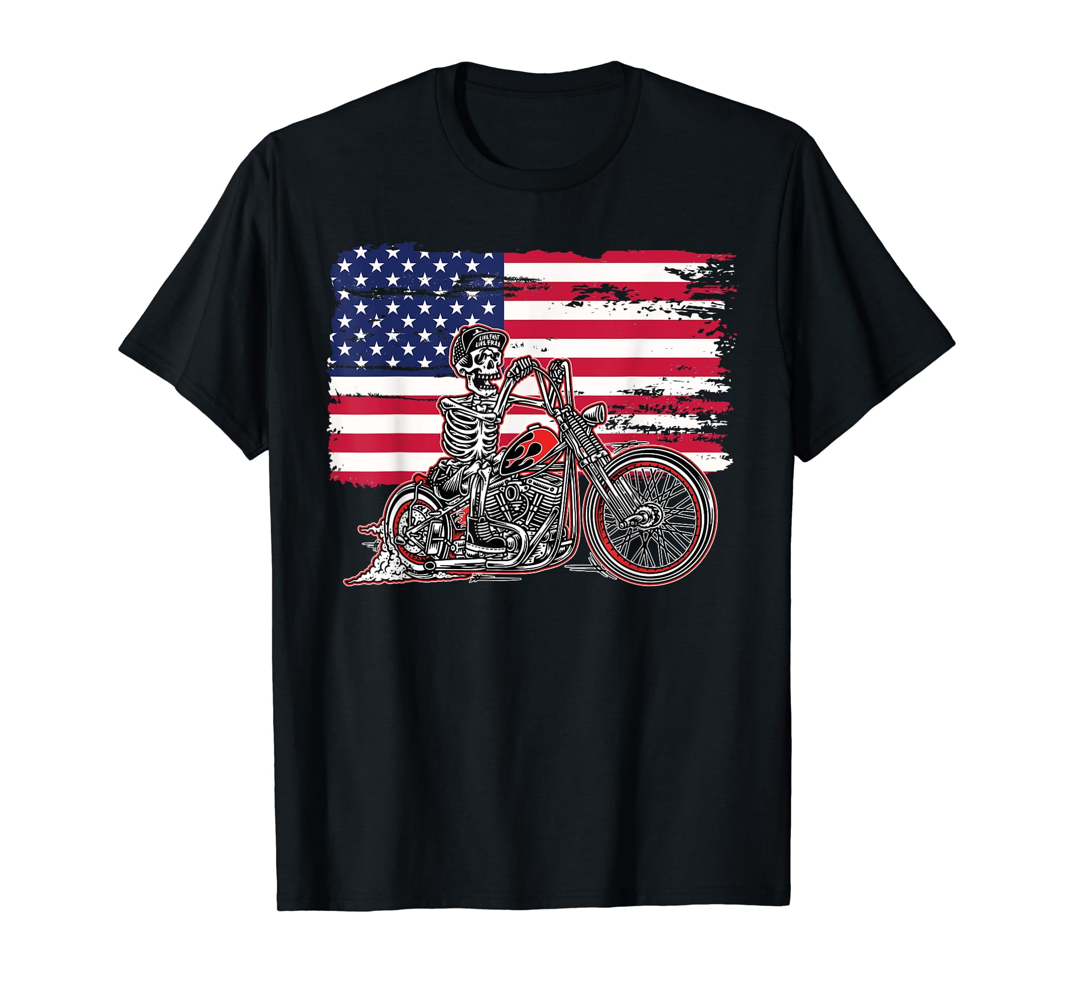 American Flag Motorcycle Skeleton Biker Bobber Chopper Rider T-Shirt ...