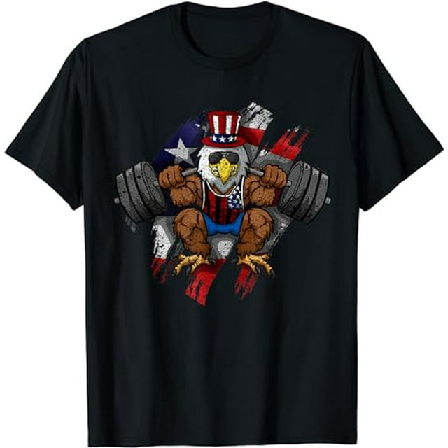 American Flag Muscular Bald Eagle Bike Flexing Uncle Sam T-Shirt ...