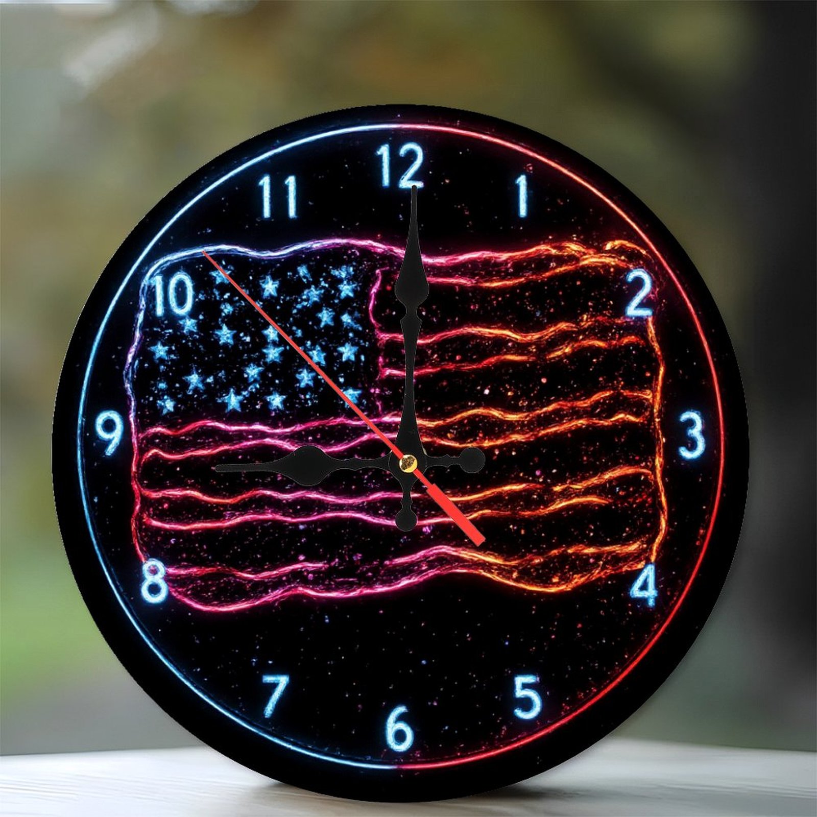 American Flag Neon Clock Wall Decor Art 10-Inch Silent Wooden Wall ...