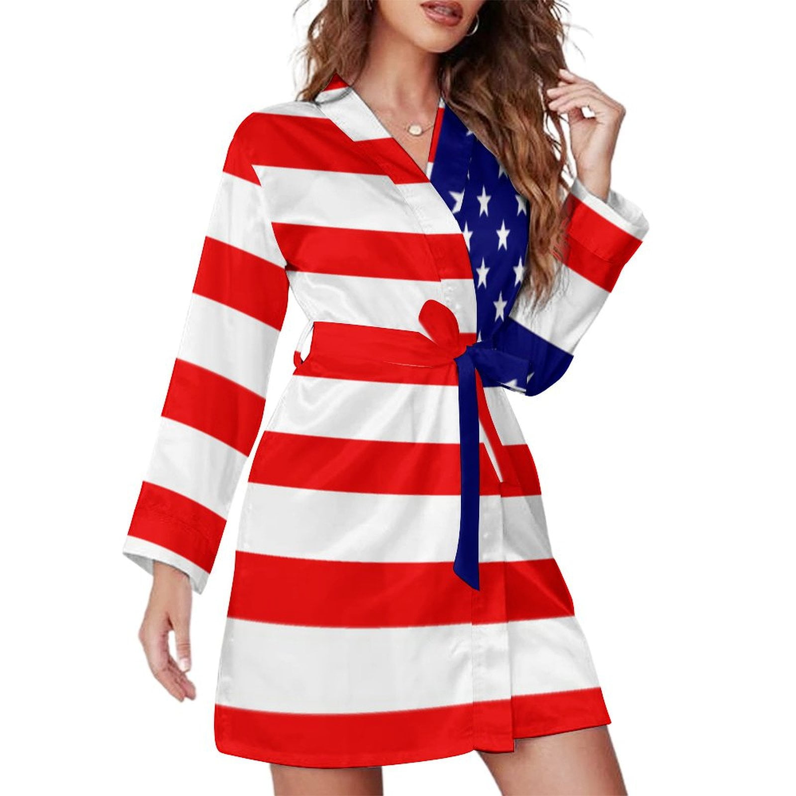 American Flag Night Robe Long Sleeve V Neck Robe With Belt Women's ...
