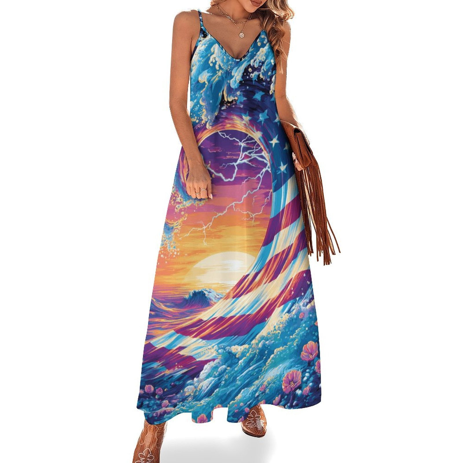 American Flag Ocean Wave Sunset Art Women's Summer Dresses 2025 Beach ...