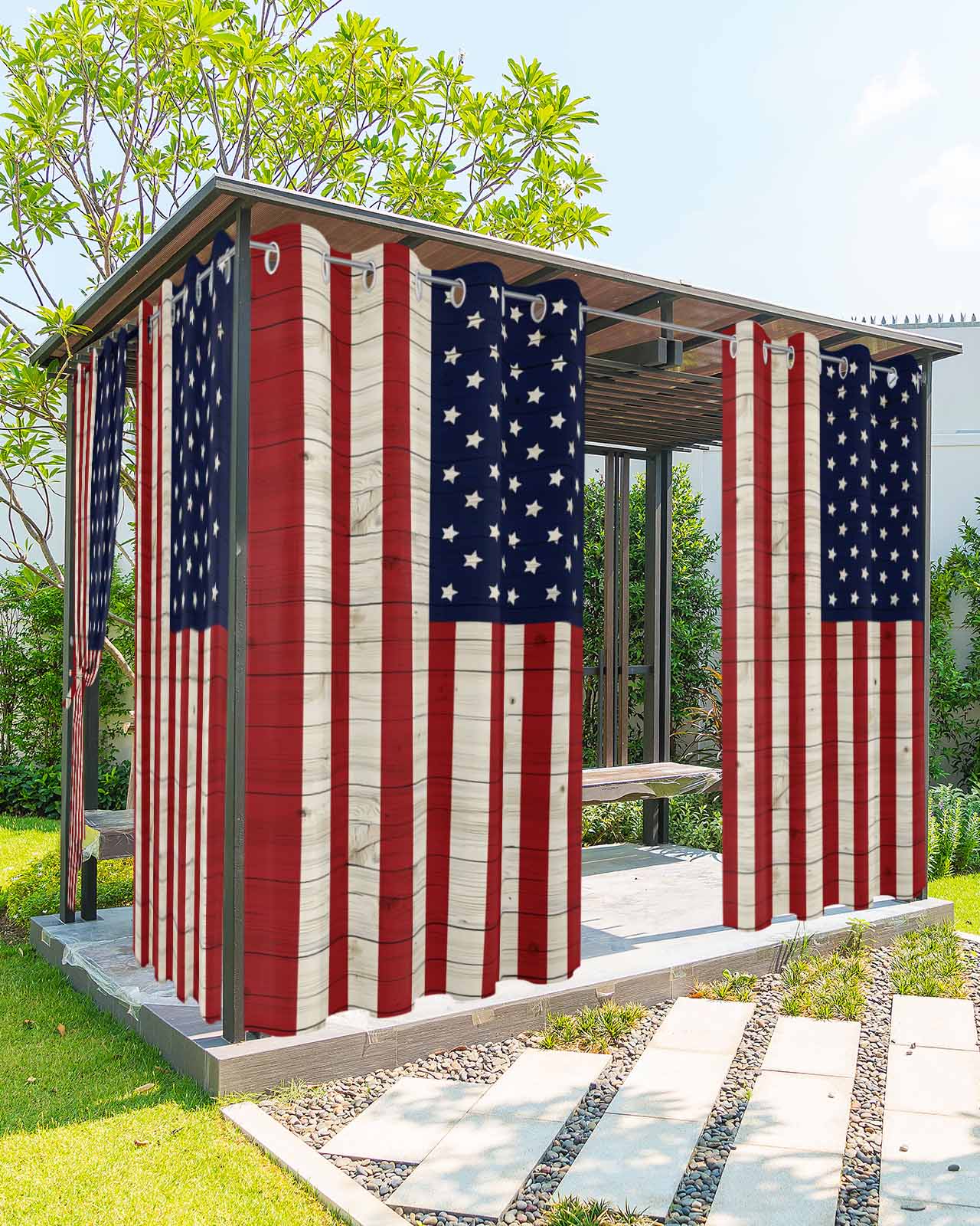 American Flag Outdoor Curtains for Patio, Vintage Wooden Star Striped ...
