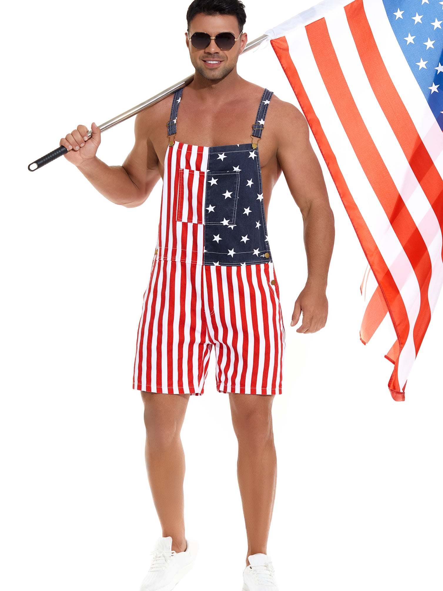 American Flag Overalls Bib Denim Shorts Jean Romper Casual Workout ...