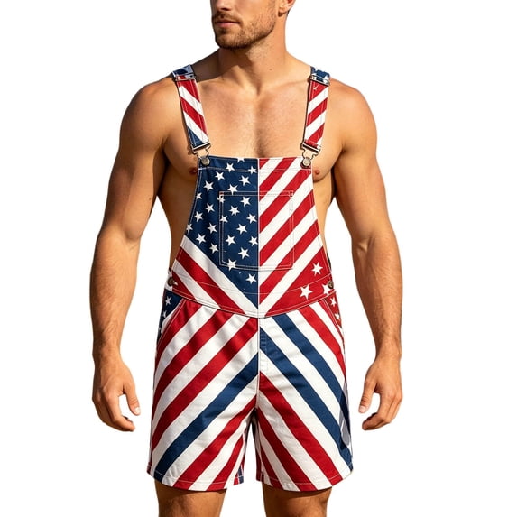 American Flag Overalls Men Shorts Loose Fit Patriotic Bibs Coveralls ...