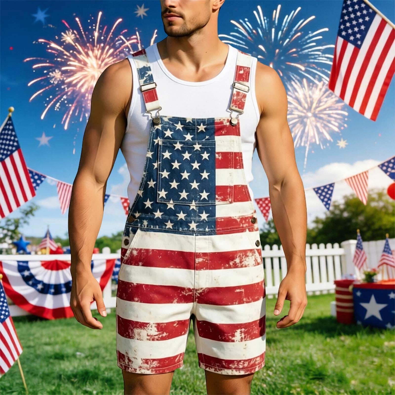 American Flag Overalls Shorts for Men, Adjustable Suspender Patriotic ...