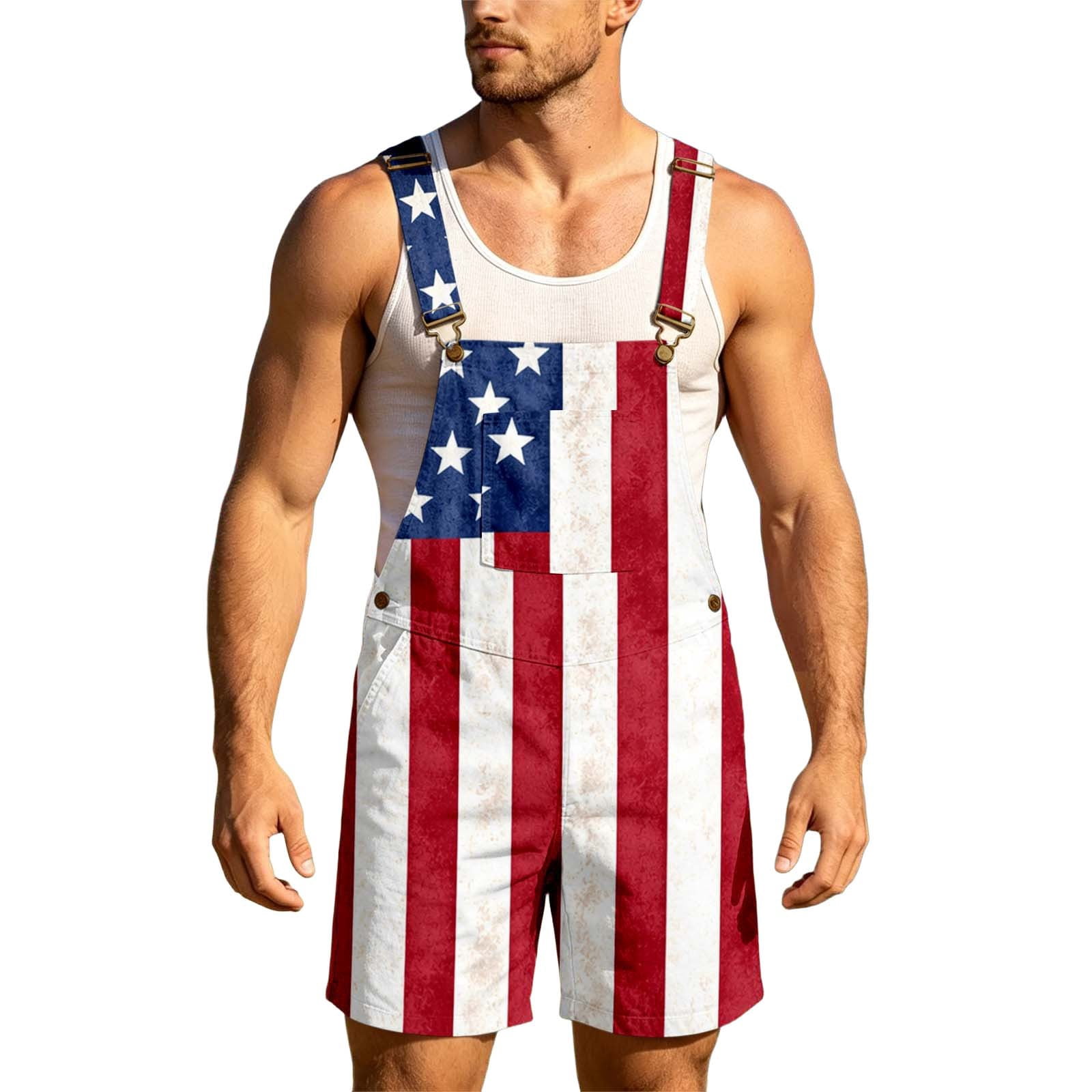 American Flag Overalls for Men Shorts Loose Fit Patriotic Work Bib ...