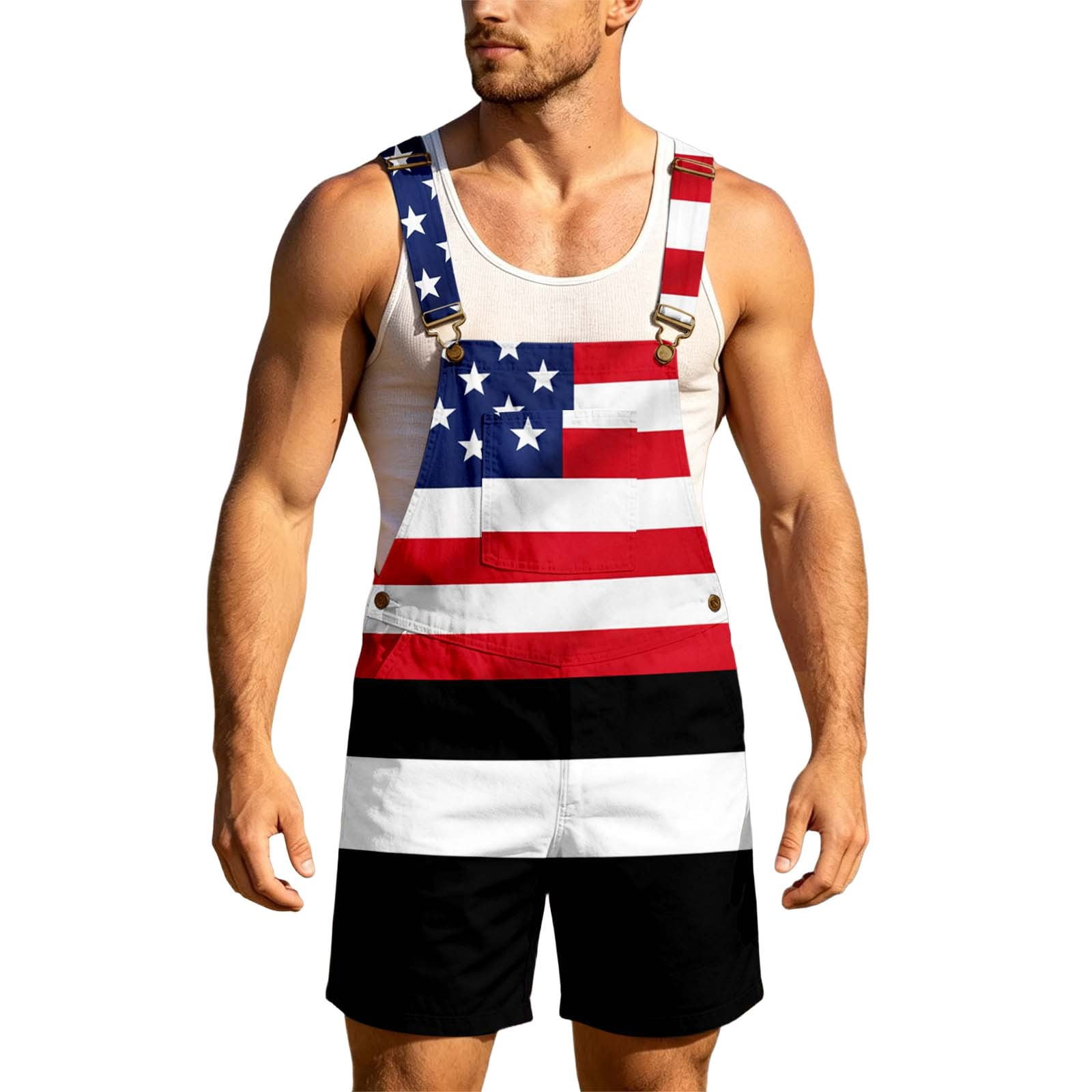 American Flag Overalls for Men Shorts Loose Fit Patriotic Work Bib ...
