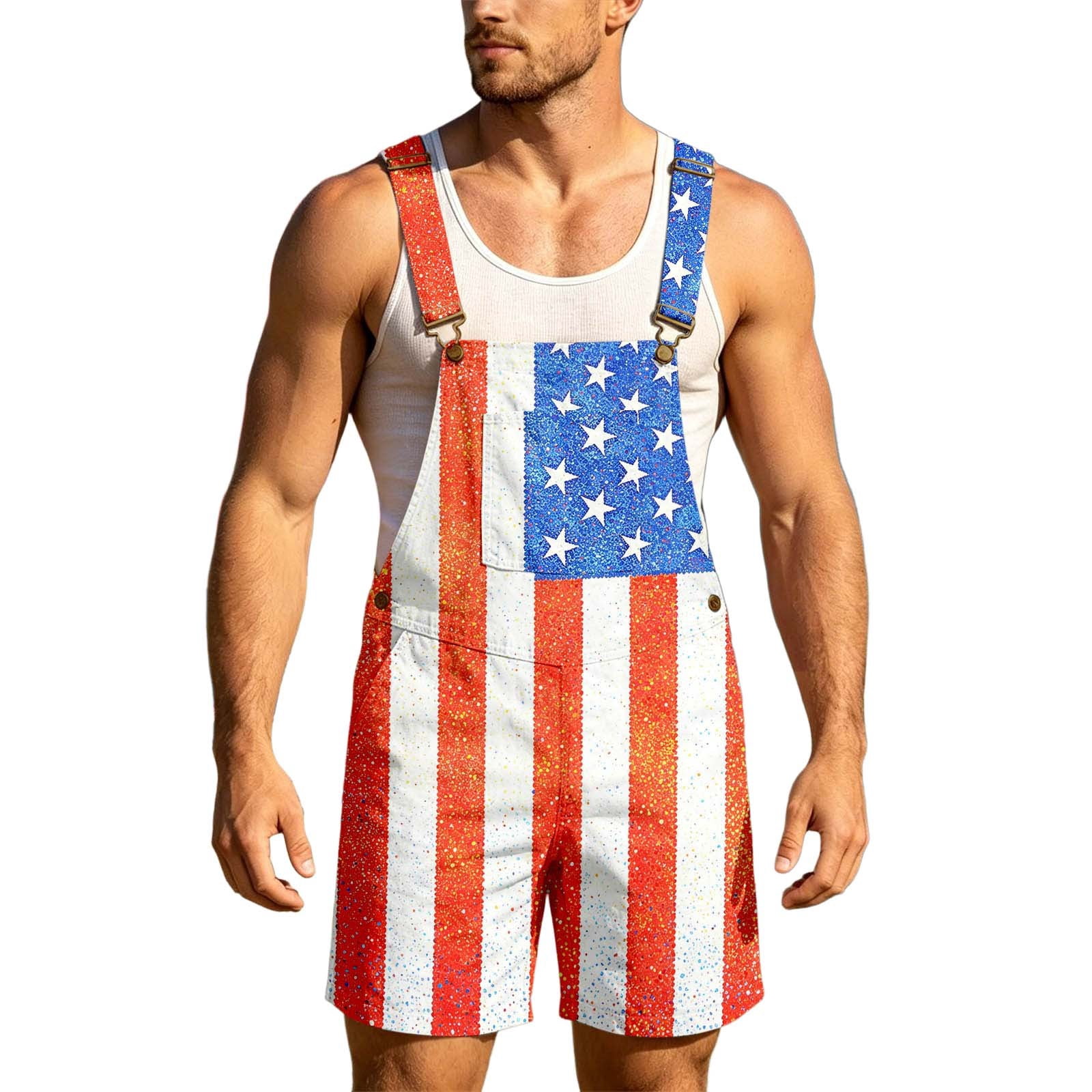 American Flag Overalls for Men Shorts Loose Fit Patriotic Work Bib ...
