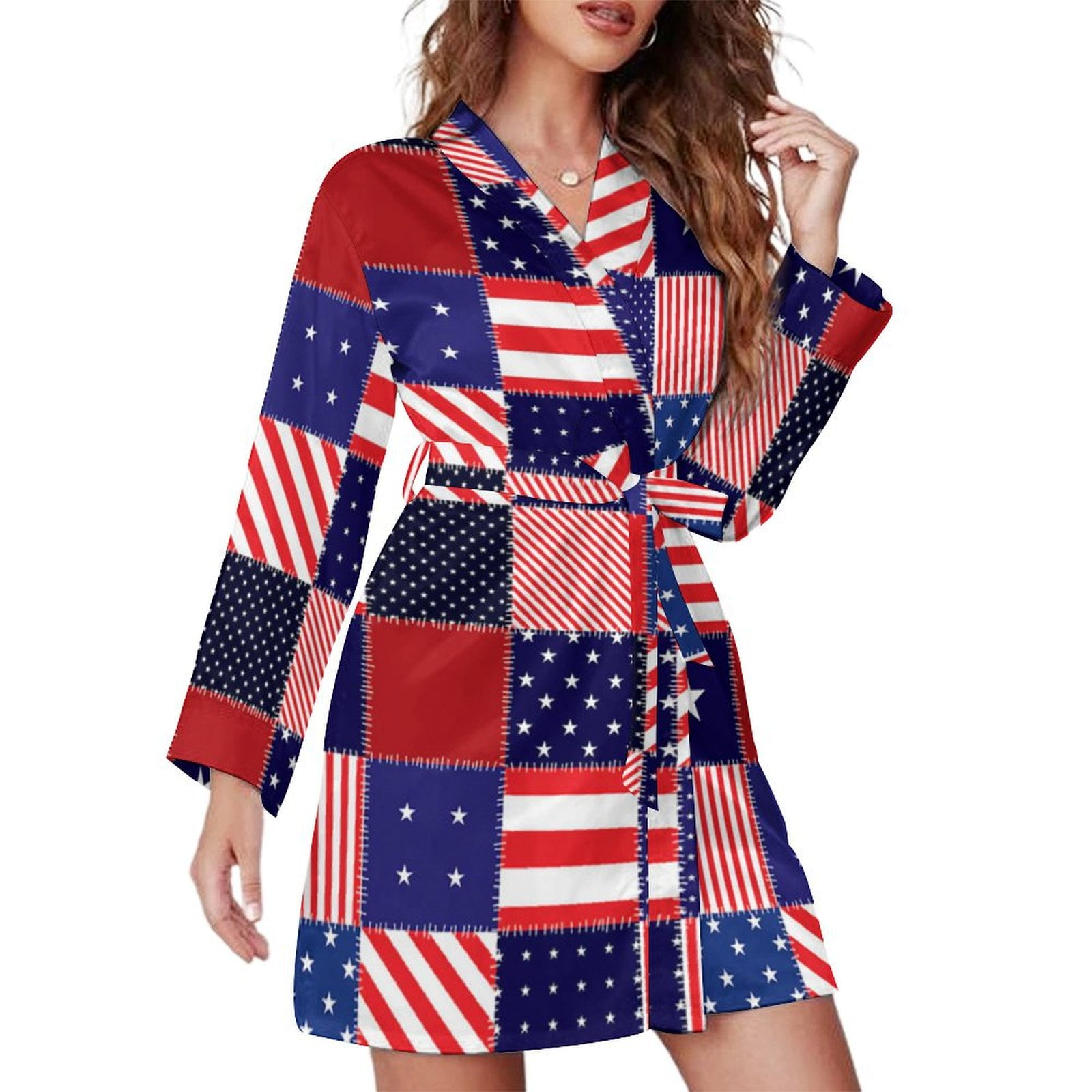 American Flag Painting Brush Style Night Robe Long Sleeve V Neck Robe ...