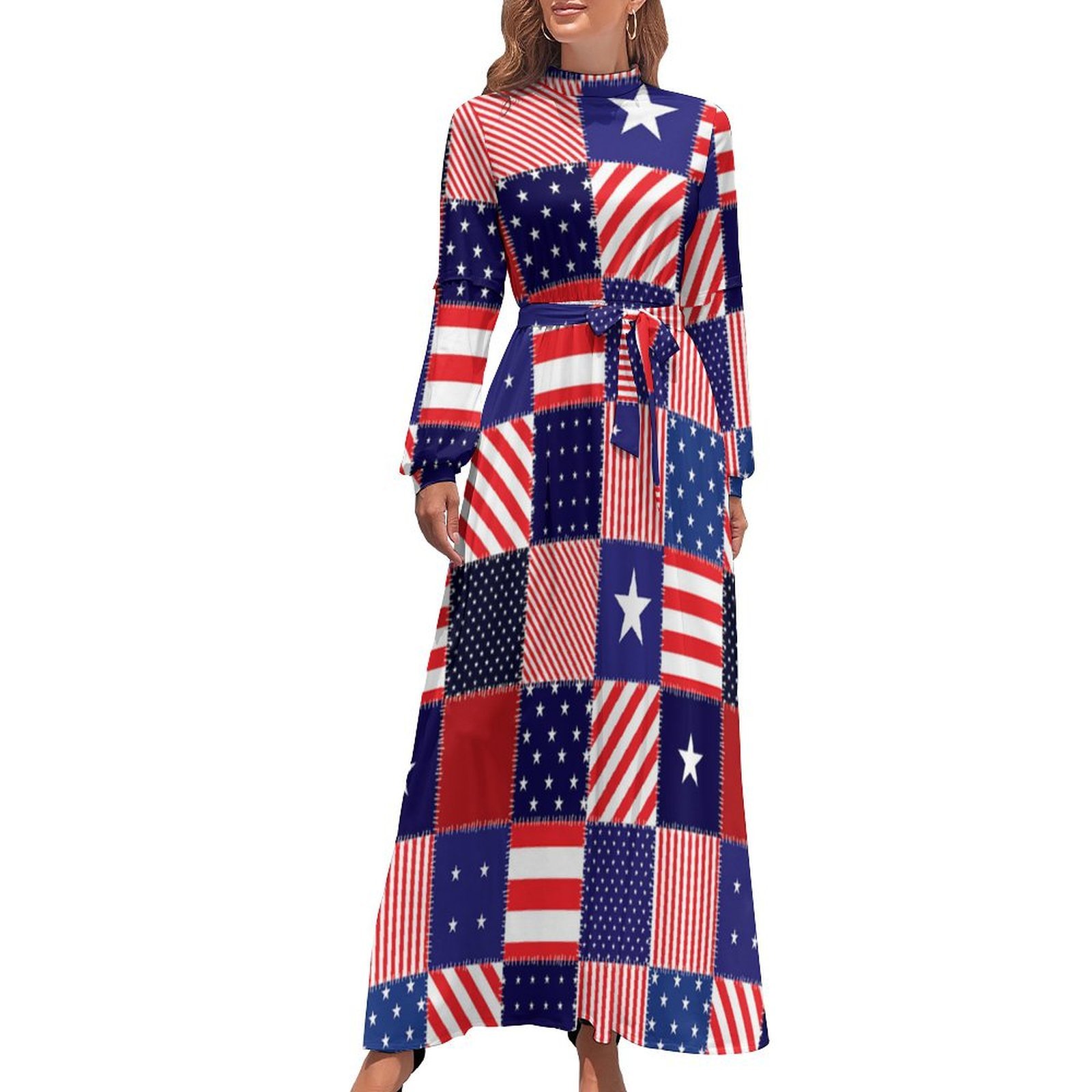 American Flag Painting Brush Style Women's Long Dress Long Sleeves ...