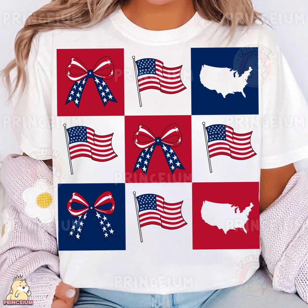 American Flag Patchwork Shirt, 4Th Of July Shirt, Patriotic Bow, Usa Flag Print, Independence ...