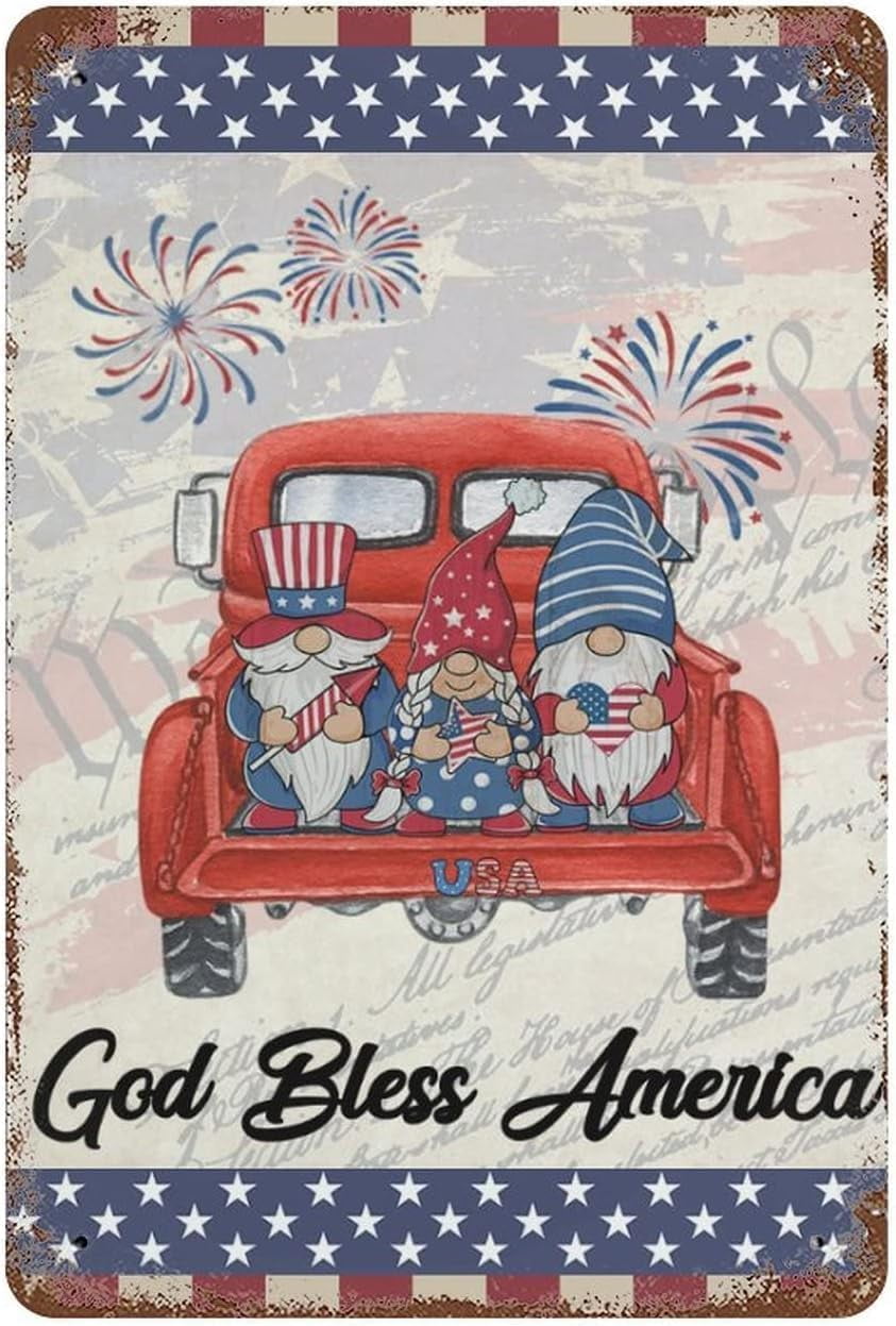 American Flag Patriotic 12x16 Inch Tin Signs, Gnomes Truck Fireworks ...