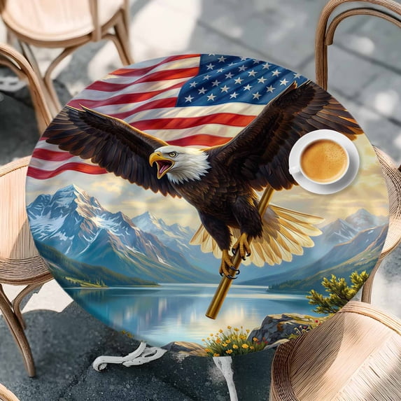 American Flag Patriotic Eagle Round Fitted Tablecloth with Elastic Edge ...
