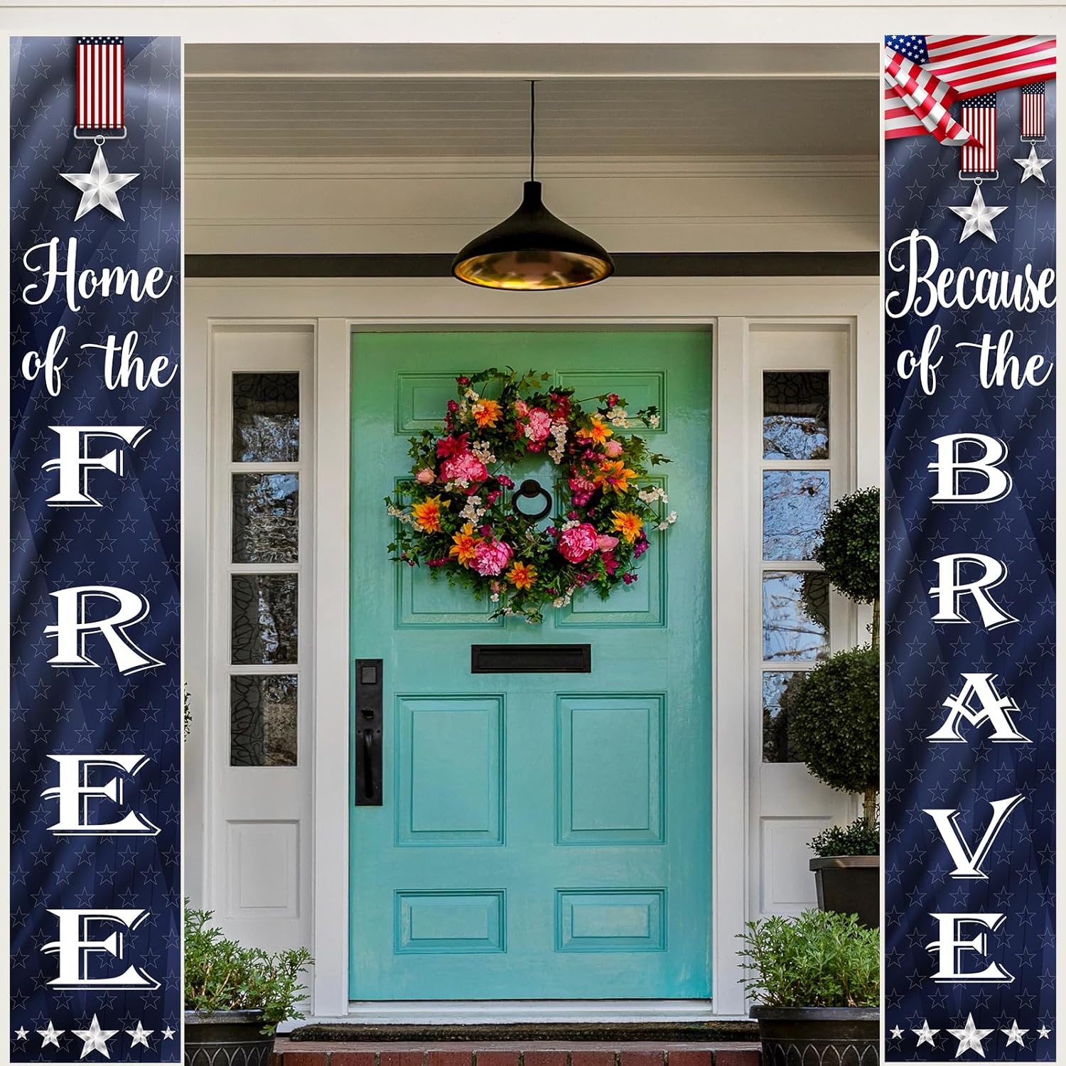 American Flag Patriotic Soldier Porch Sign Banner Deep Blue Hanging ...