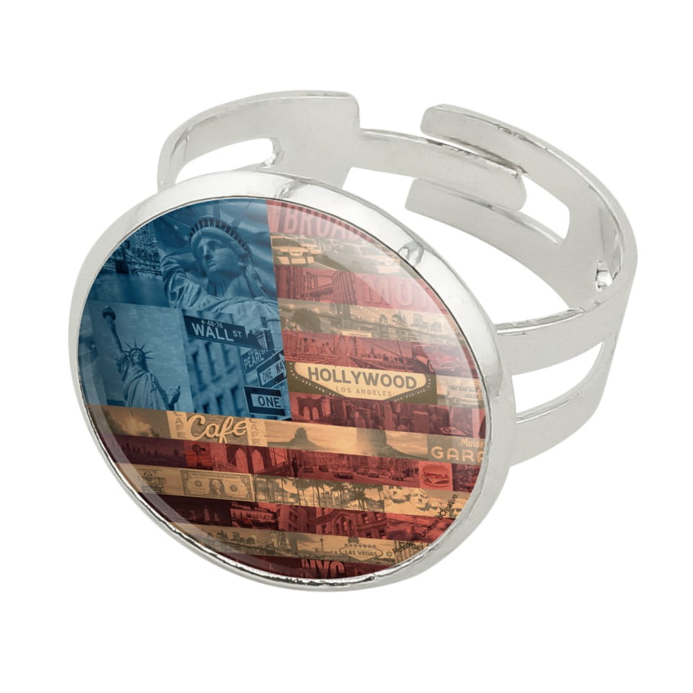 American Flag Patriotic USA Collage Silver Plated Adjustable Novelty ...