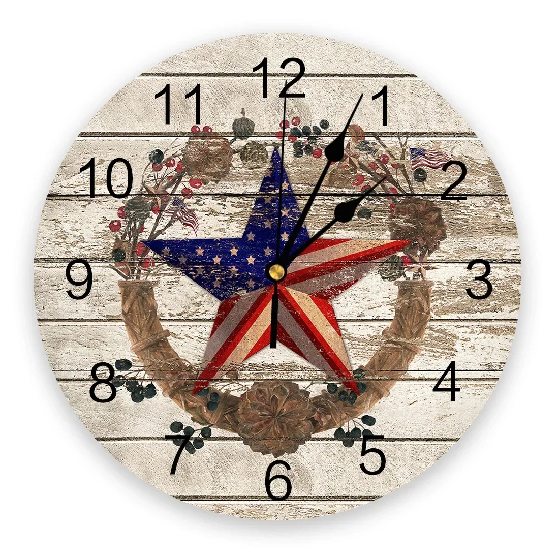 American Flag Pentagram Berries Retro Living Room Clock Wall Round ...