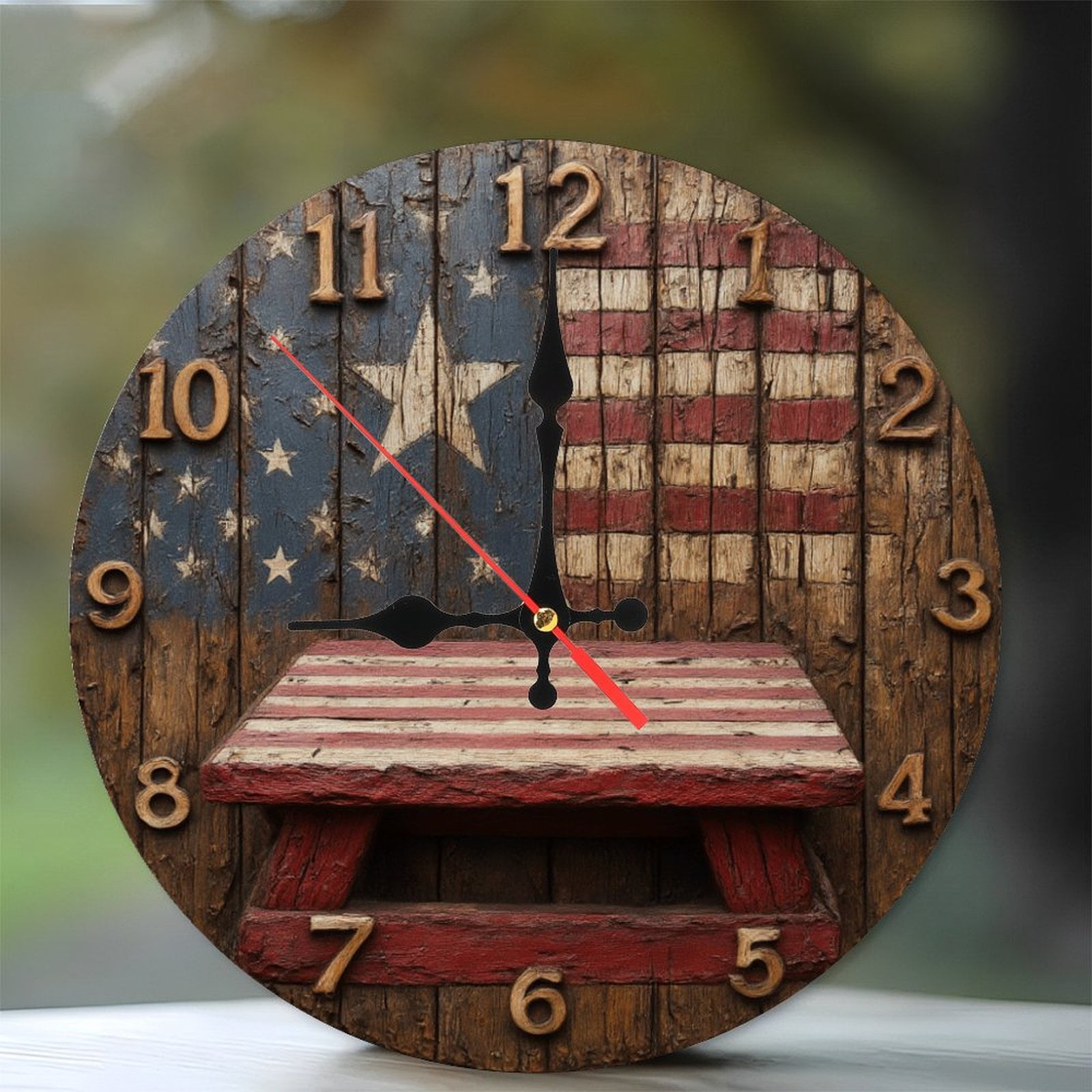 American Flag Picnic Table Wall Clock Rustic Decor 10-Inch Silent ...