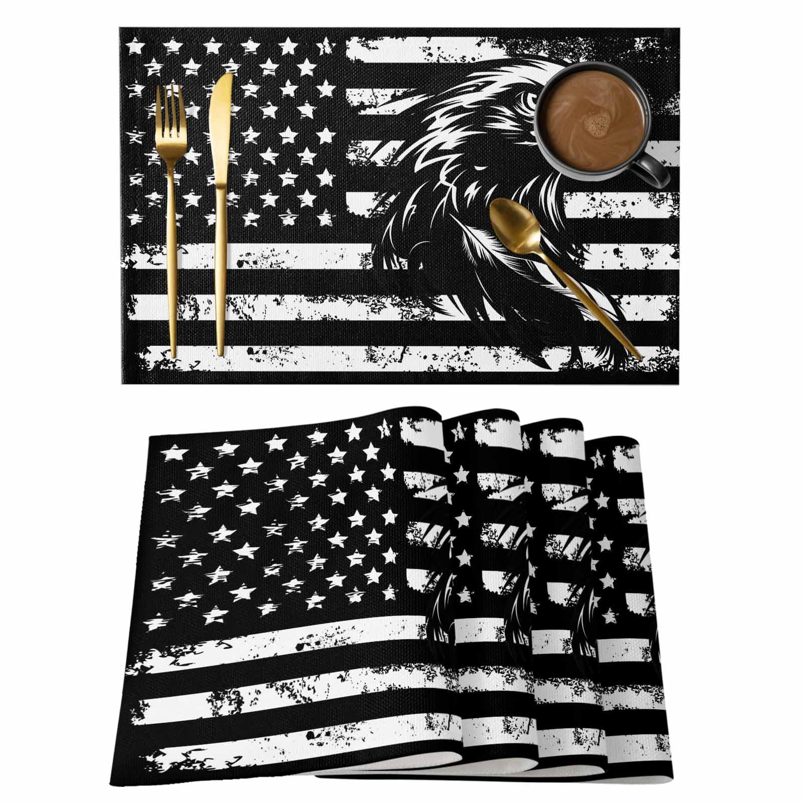 American Flag Placemats Set of 4, Black US Flag Eagle Placemats for ...