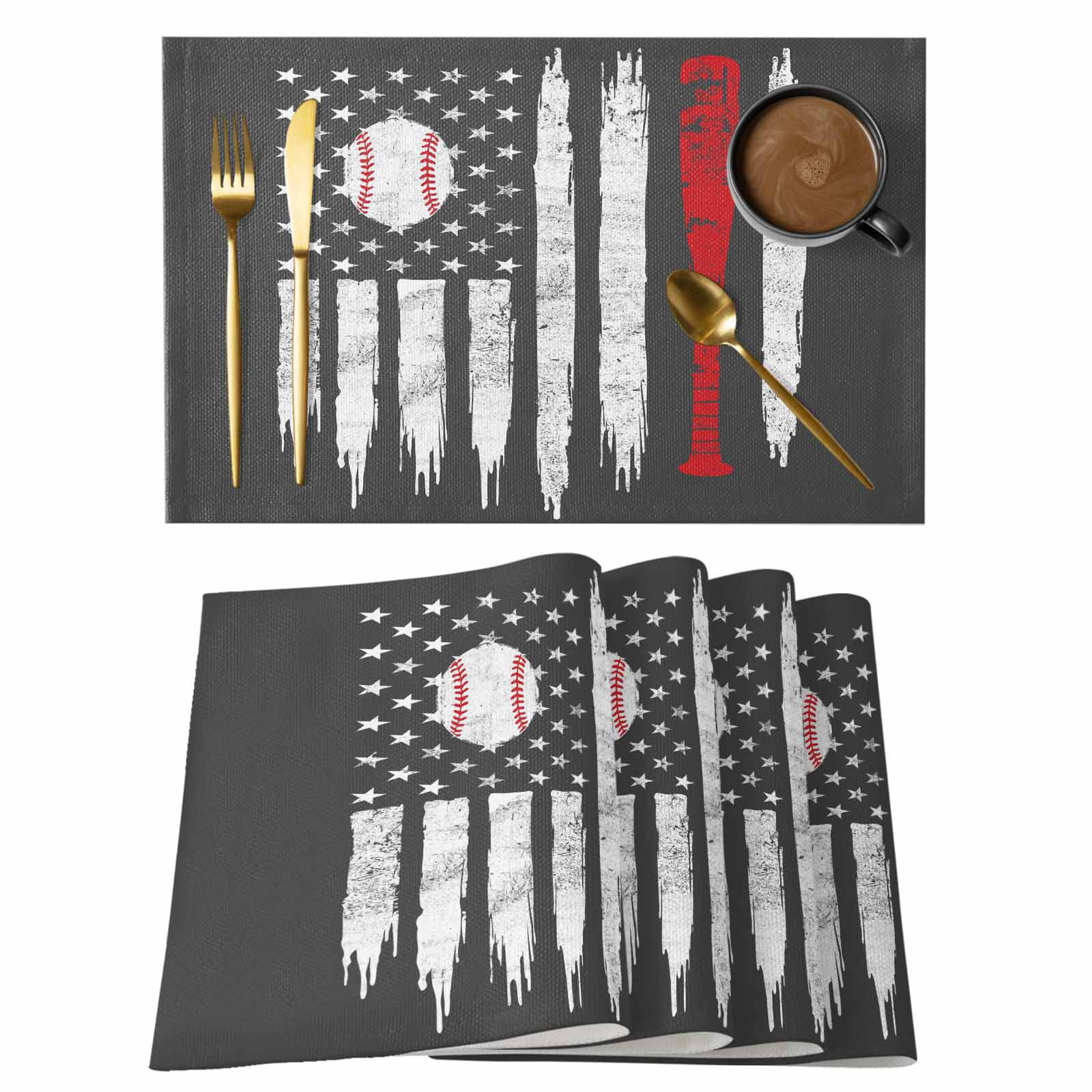 American Flag Placemats Set of 4, Retro US Flag Baseball Stars Gray ...