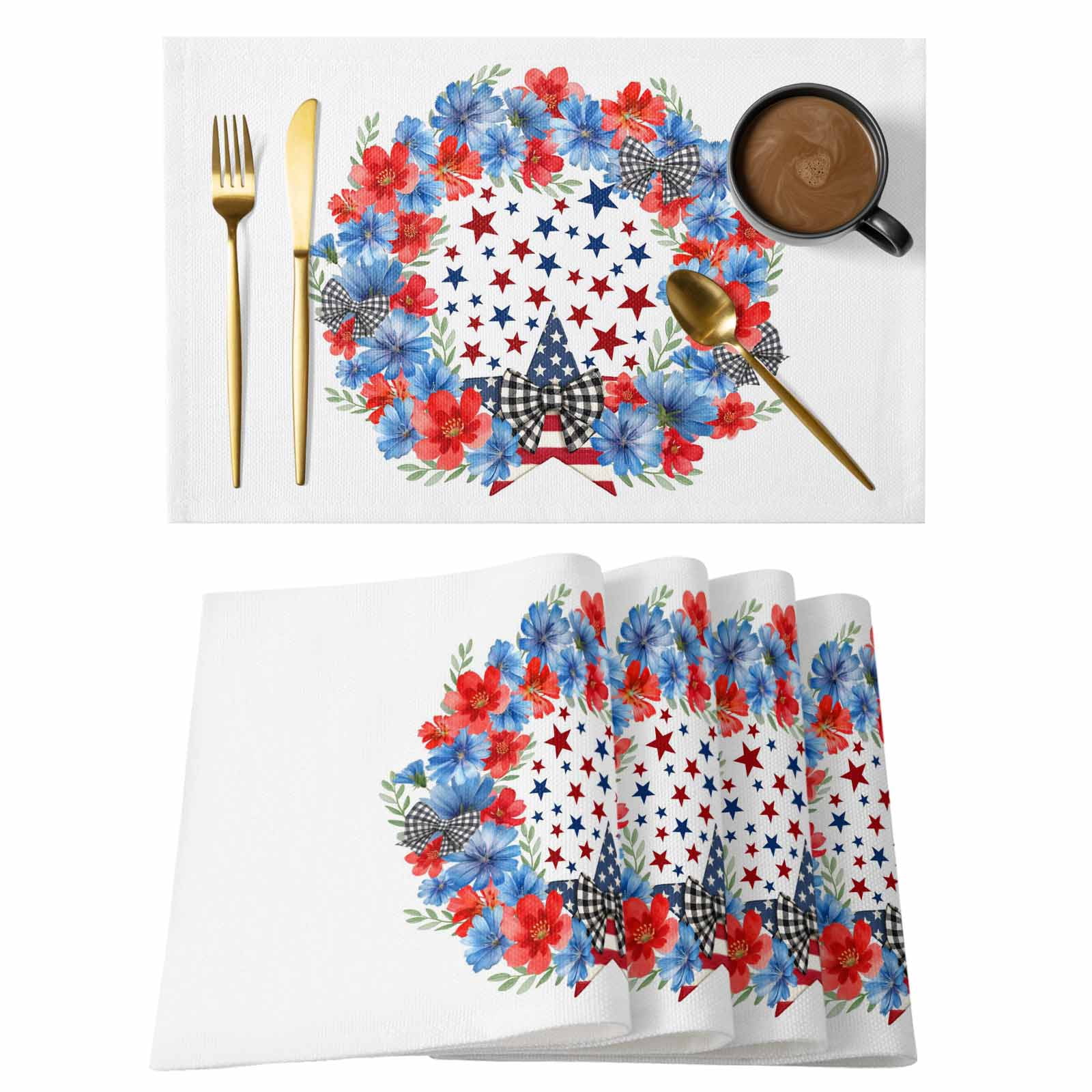 American Flag Placemats Set of 6 Blue Red Flowers Boho Modern 4th of ...