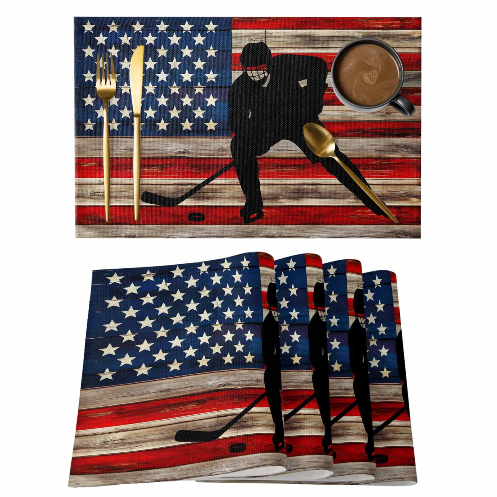 American Flag Placemats Set of 8, Blue Red USA Flag Retro Hockey ...