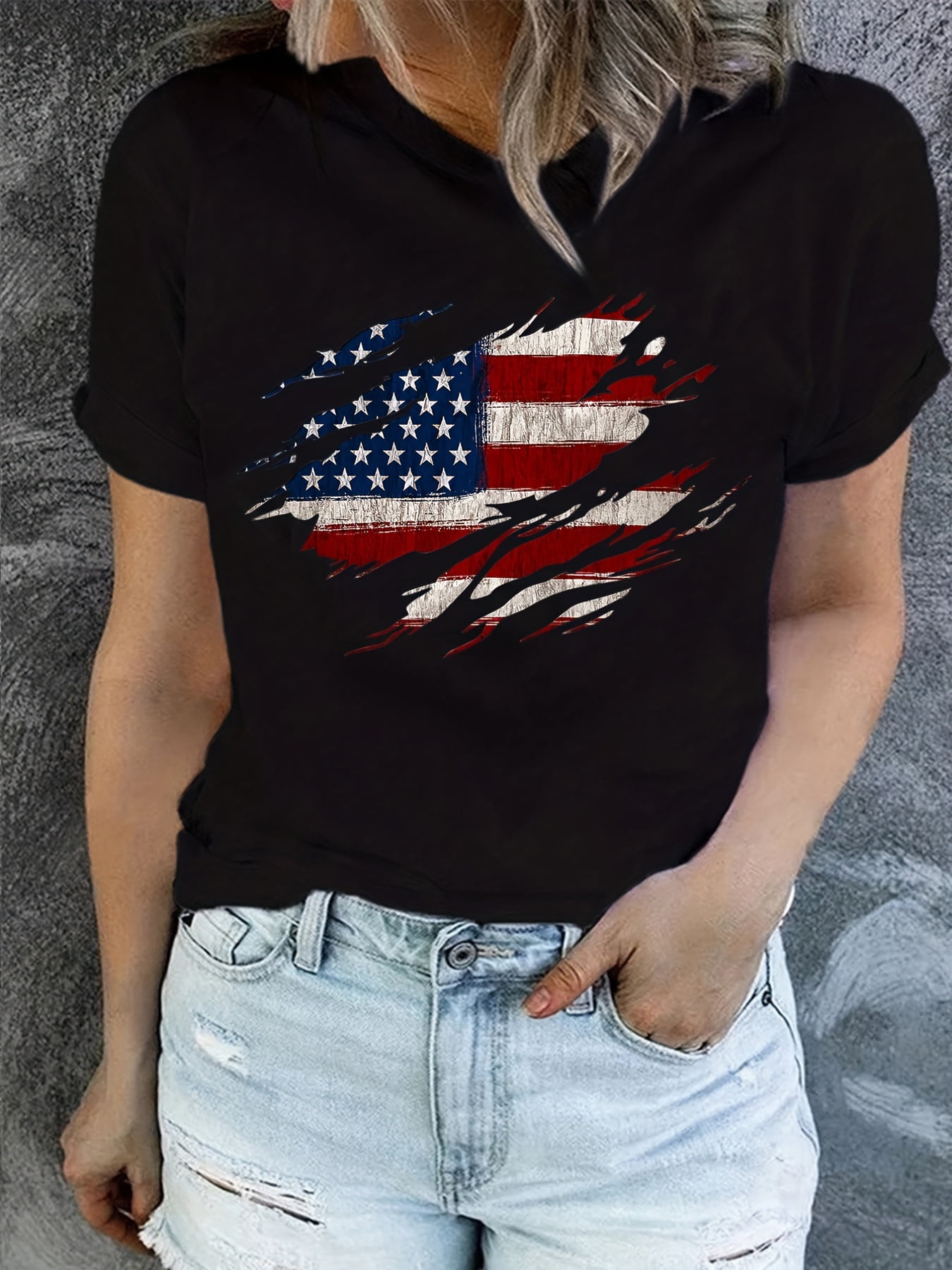 American Flag Print T-Shirt, Independence Day Short Sleeve Crew Neck ...
