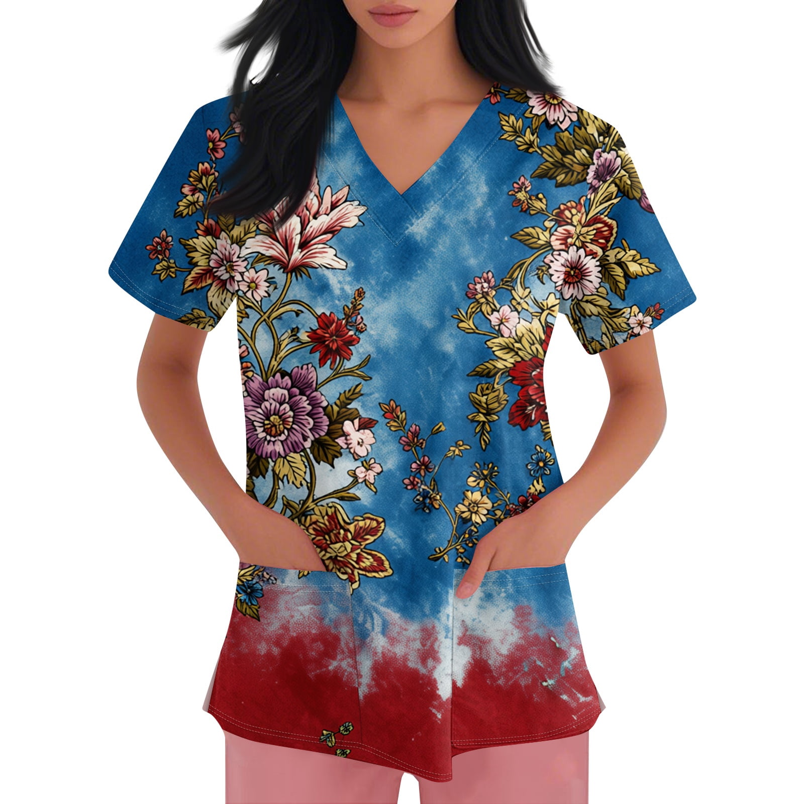 American Flag Printed Scrub Tops Women V-Neck Short Sleeve Plus Size ...