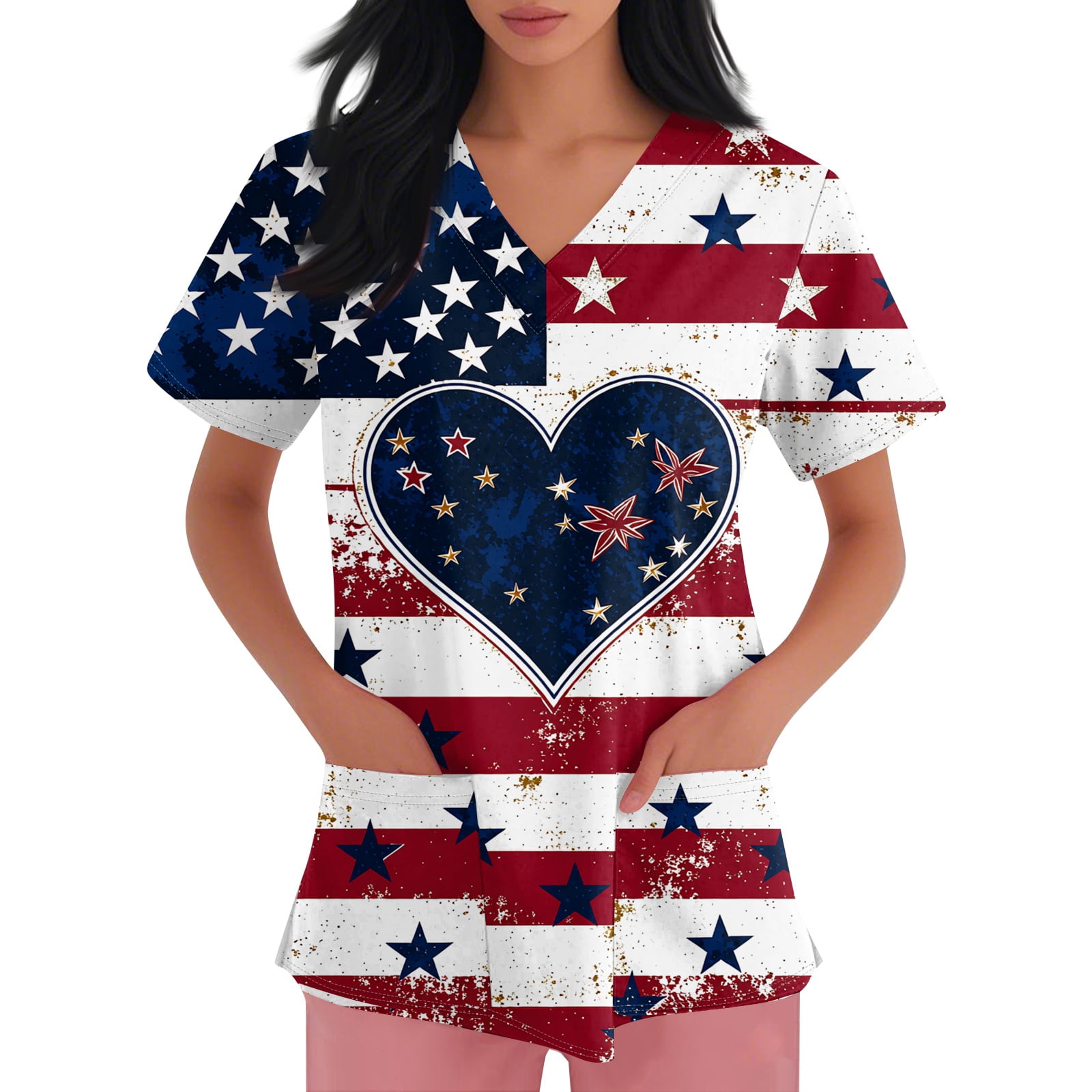 American Flag Printed Scrub Tops Women V-Neck Short Sleeve Plus Size ...
