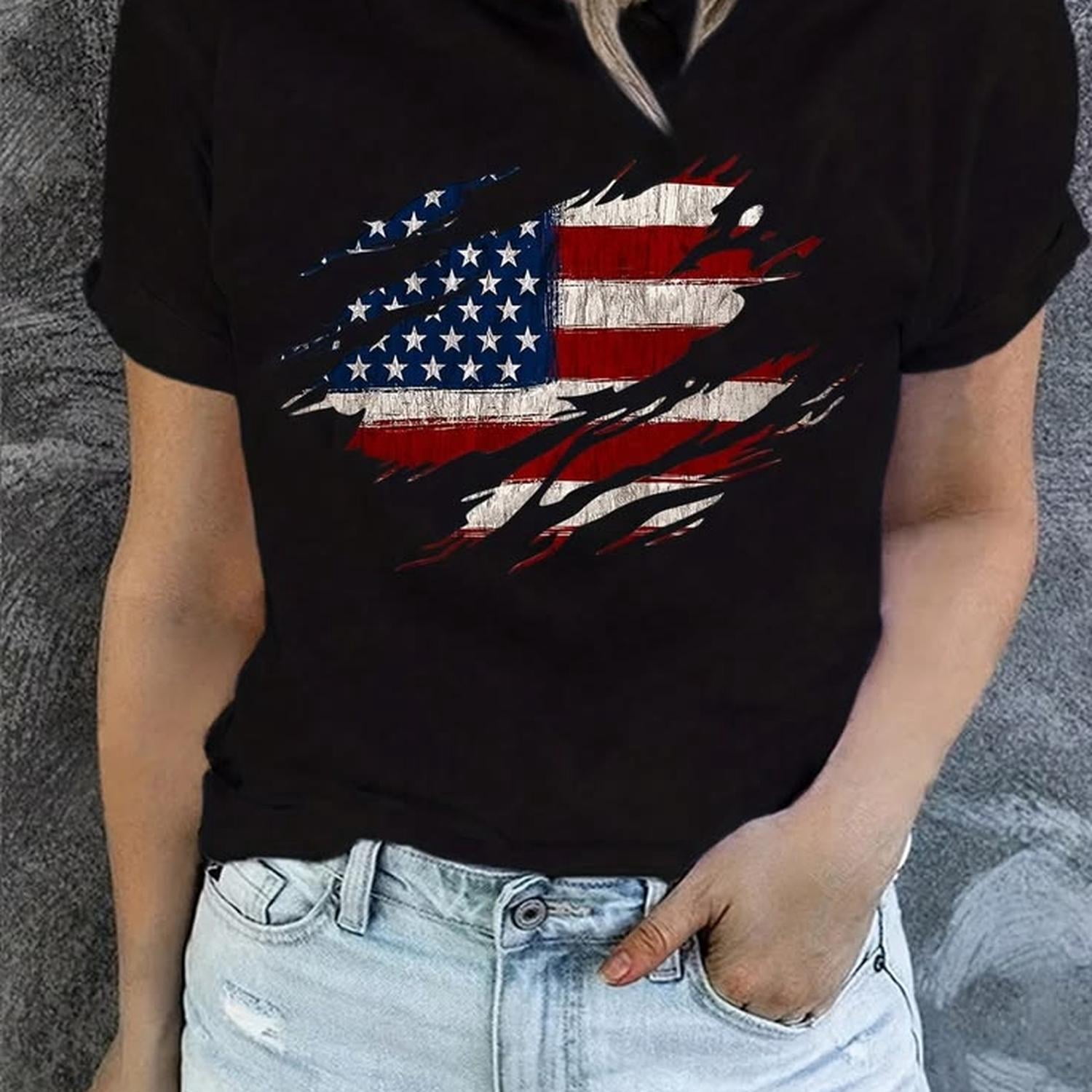 American Flag Printed T-Shirt, Independence Day Short Sleeve Round Neck ...