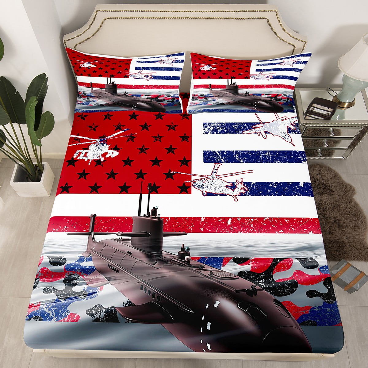 American Flag Queen Fitted Sheet Camo Aircraft Bed Set Room Decor ...